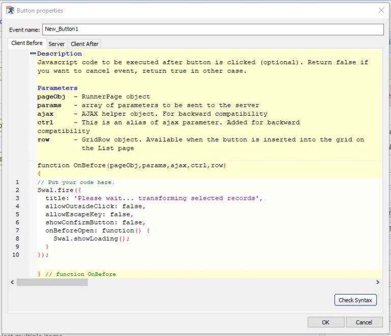 Phprunner And Ms Sql Azure Running A Stored Procedure Behind A Button With Sweet Alert User